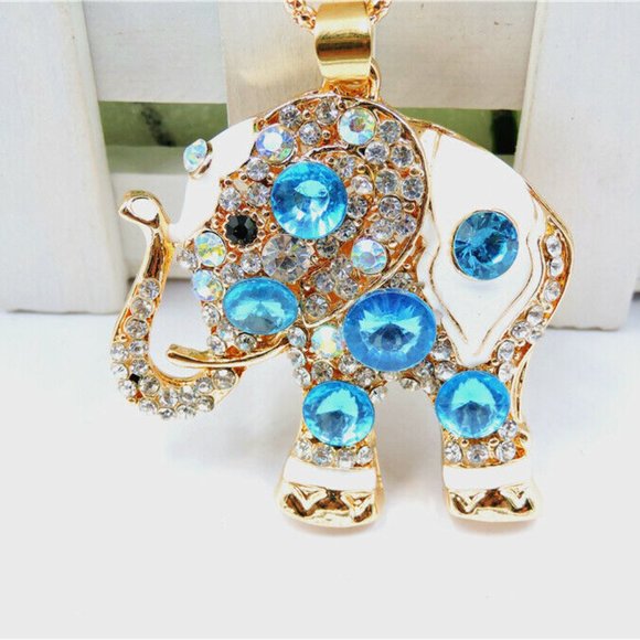 Unbranded | Jewelry | Blue Crystals On White Enamel Elephant Necklace | Poshmark